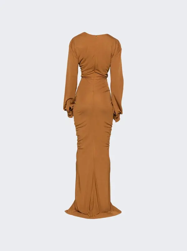 Christopher Esber Vivenda Drape Front Long Sleeve Dress Cognac