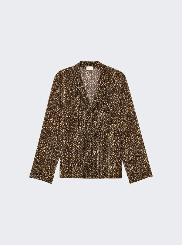 Saint Laurent Silk Georgette Pajama Blouse Lurex Stripe Leopard Print - Brown