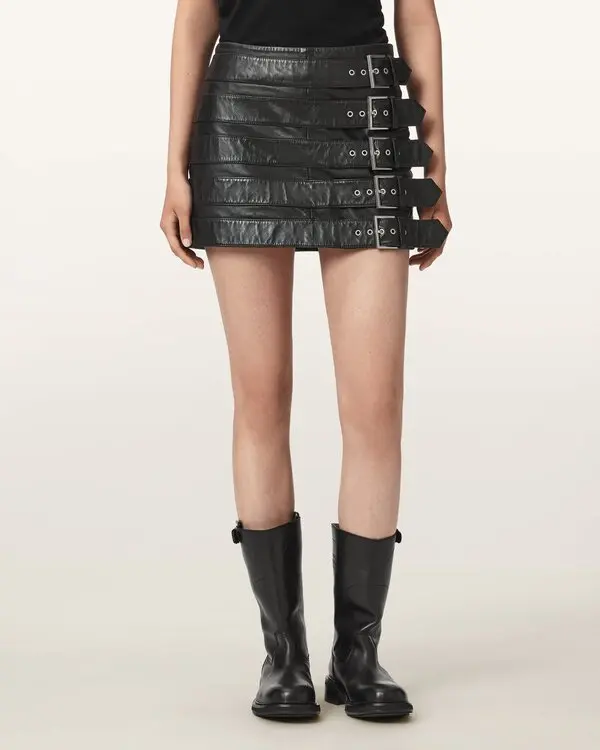 ALLSAINTS Betty Leather Buckle Mini Skirt