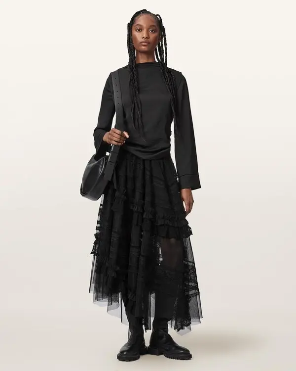 ALLSAINTS Jen Tiered Lace Textile Midi Skirt - Black