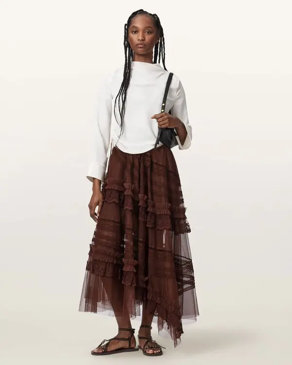 ALLSAINTS Jen Tiered Lace Textile Midi Skirt