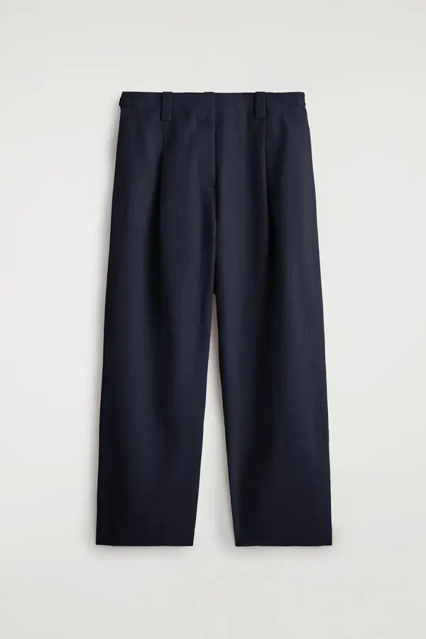 Cos Buckle-detail Linen Barrel-leg Pants - Navy