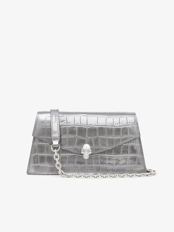 Alexander McQueen Skull Mini Bag In Metallic Croc-embossed Calf Leather - Dark Silver