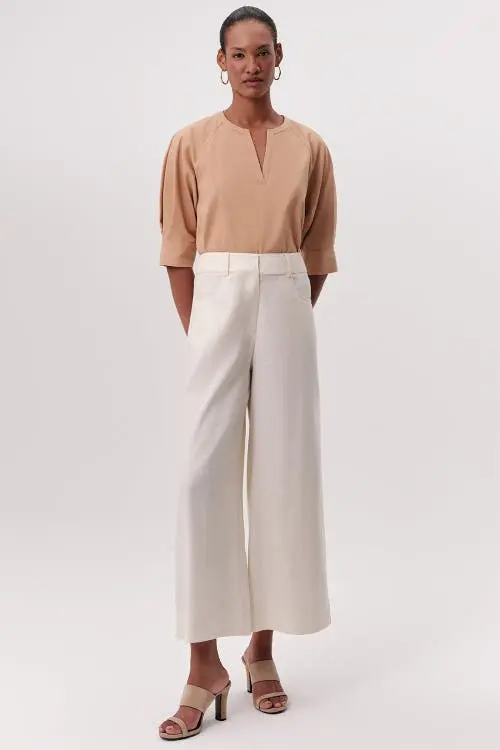 EXQUISE Rebecca High Rise Zippered Wide Leg Pants - Cream