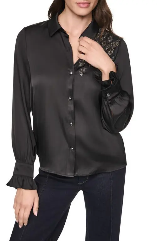 Dkny Animal Heat Set Studs Satin Button-up Shirt - Black
