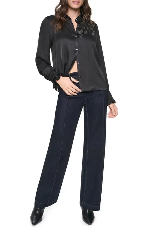 Dkny Animal Heat Set Studs Satin Button-up Shirt - Black