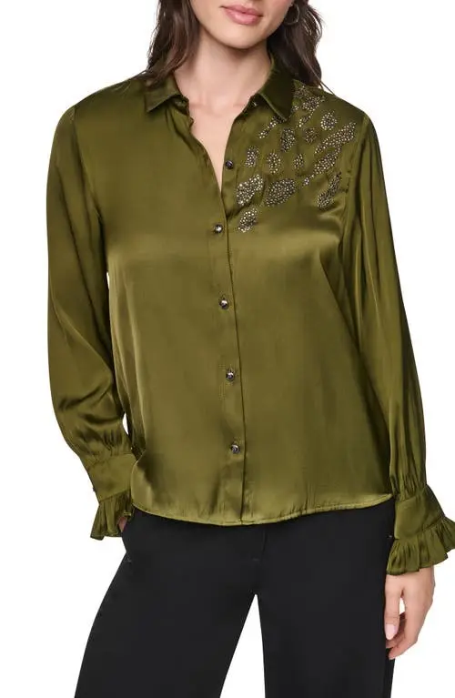 Dkny Animal Heat Set Studs Satin Button-up Shirt - Dark Olive