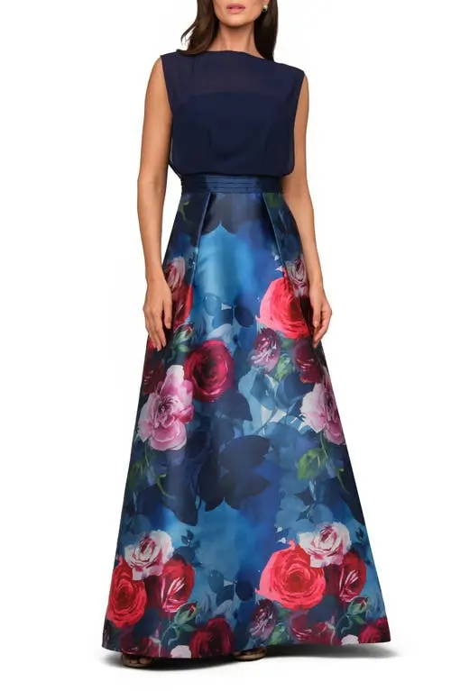 KAY UNGER Eileen Sleeveless Mixed Media Gown - Ink Blue Multi