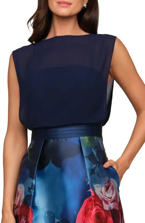 KAY UNGER Eileen Sleeveless Mixed Media Gown