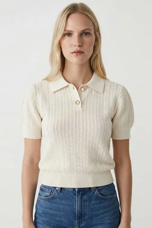 EXQUISE Rachael Polo Short Sleeve Knit Blouse - Beige