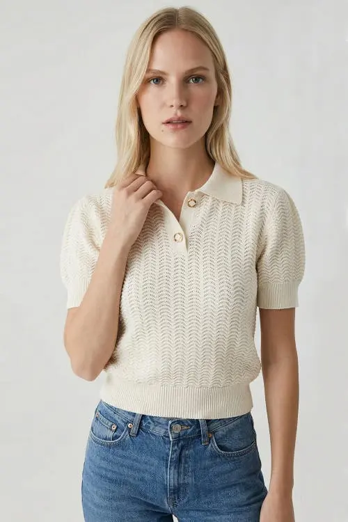EXQUISE Rachael Polo Short Sleeve Knit Blouse