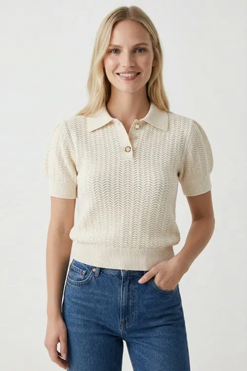 EXQUISE Rachael Polo Short Sleeve Knit Blouse