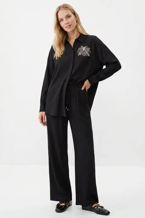 EXQUISE Morganne High Rise Wide Leg Woven Pants - Black