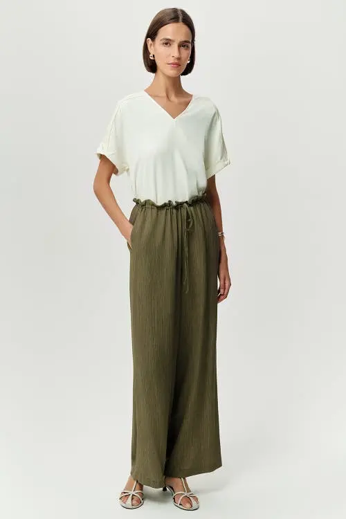EXQUISE High Rise Wide Leg Woven Pants - Khaki