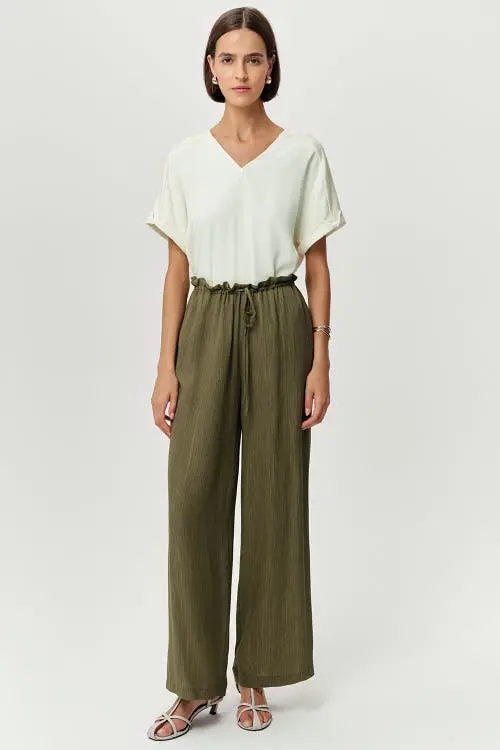 EXQUISE High Rise Wide Leg Woven Pants - Khaki