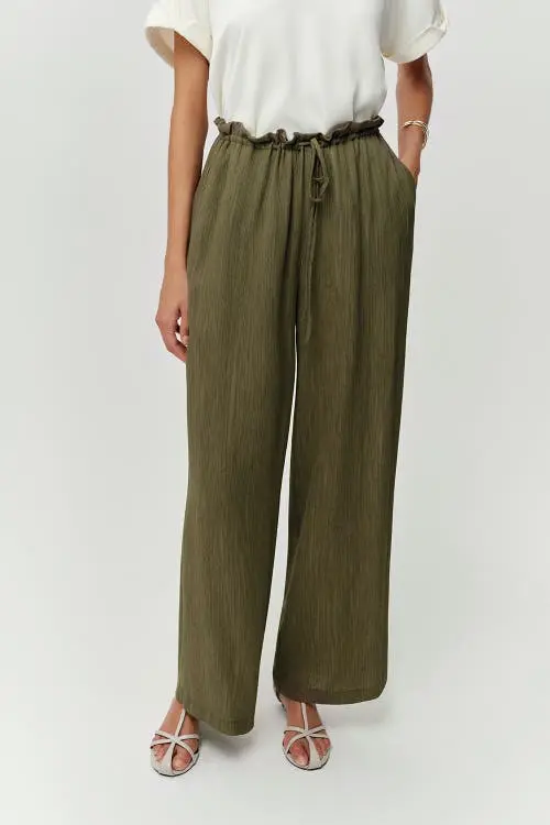 EXQUISE High Rise Wide Leg Woven Pants - Khaki