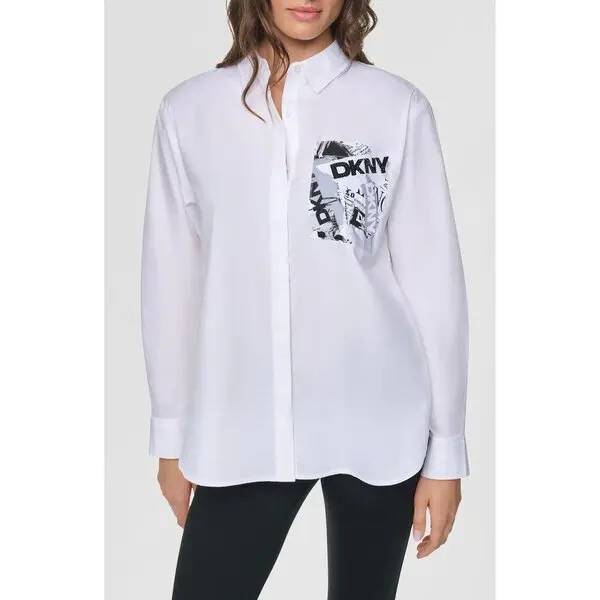 Dkny Print Pocket Poplin Shirt - White