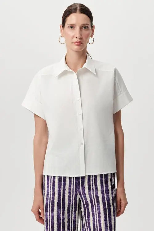 EXQUISE Tegan Shirt Collar Short Sleeve Poplin Shirt - White