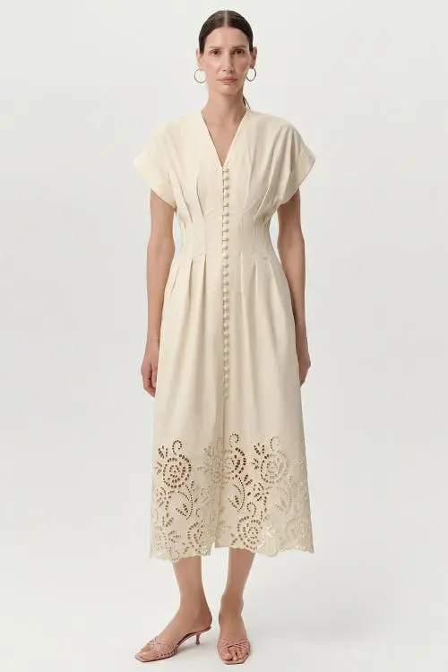 EXQUISE Emrick V Neck Short Sleeve Midi Dress - Bone