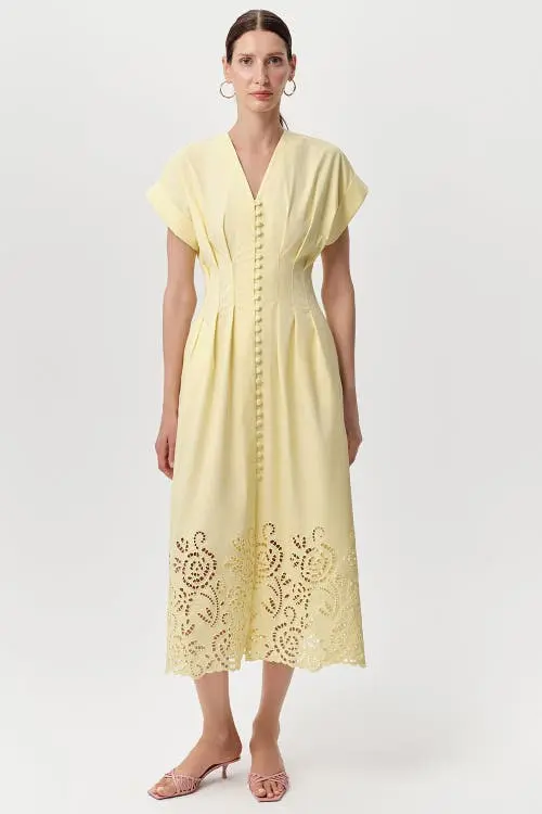 EXQUISE Emrick V Neck Short Sleeve Midi Dress - Yellow