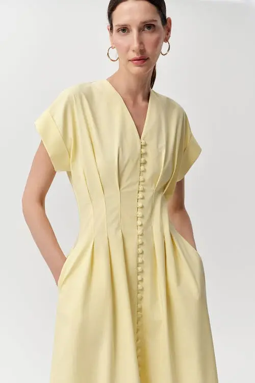 EXQUISE Emrick V-neck Midi Dress With Cutwork Floral Hem - Yellow