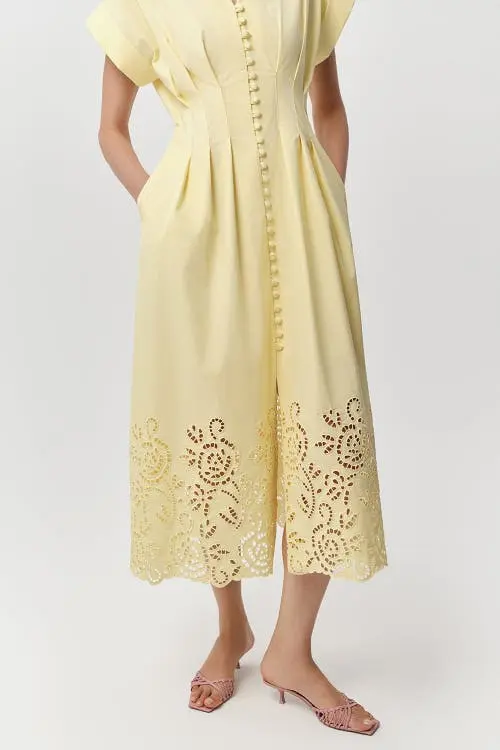 EXQUISE Emrick V-neck Midi Dress With Cutwork Floral Hem - Yellow