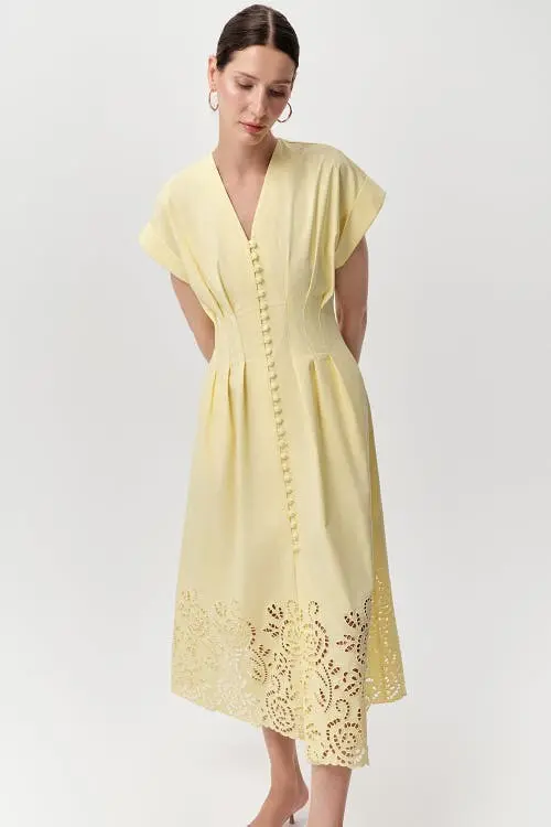 EXQUISE Emrick V-neck Midi Dress With Cutwork Floral Hem - Yellow