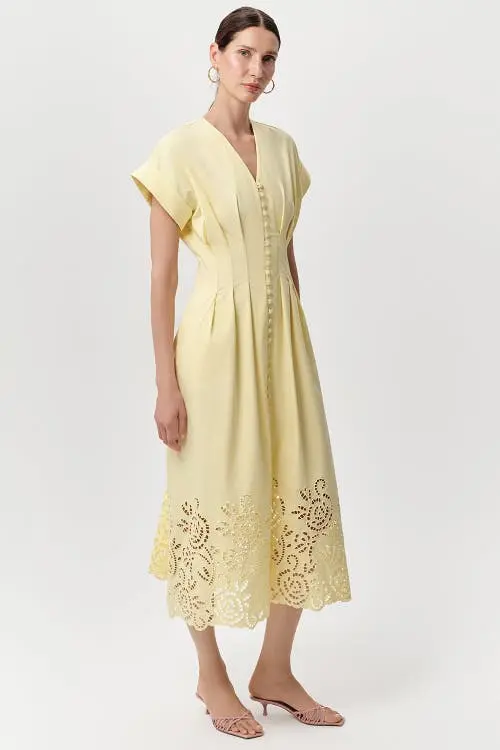 EXQUISE Emrick V-neck Midi Dress With Cutwork Floral Hem - Yellow