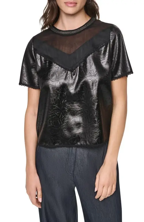 Dkny Mixed Media Crackle Faux Leather Top - Black