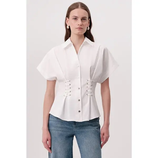 EXQUISE Mollie Shirt Collar Front Tie Fitted Shirt - Ecru