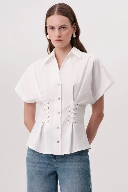 EXQUISE Mollie Shirt Collar Front Tie Fitted Shirt