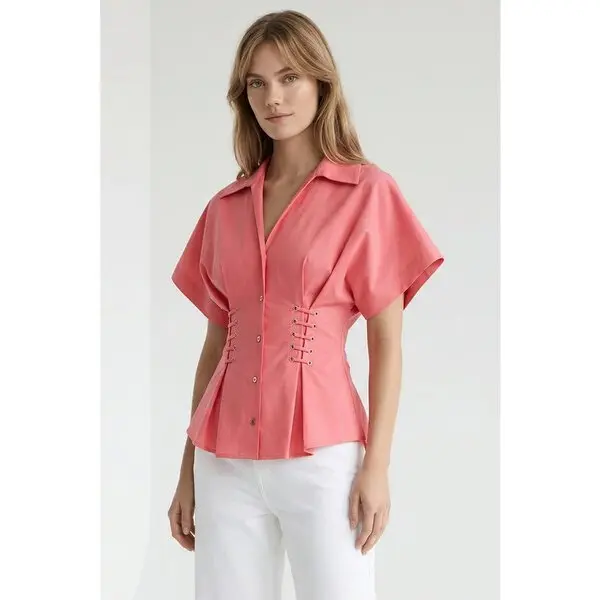 EXQUISE Fitted Shirt With Classic Collar And Front Corset Detail - Pink