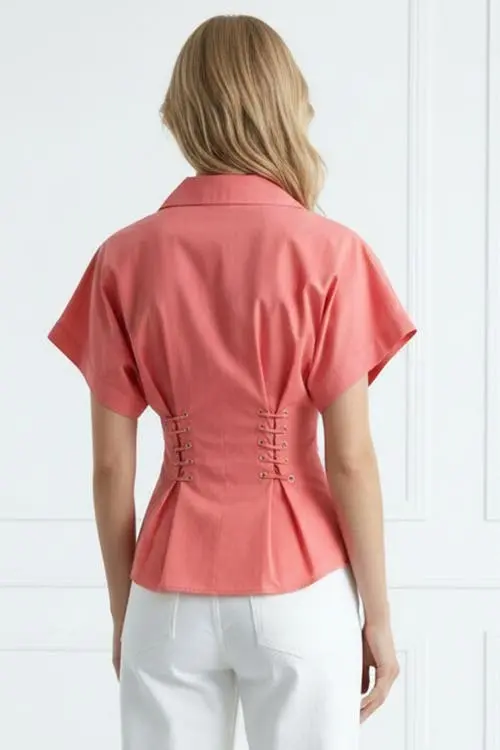 EXQUISE Fitted Shirt With Classic Collar And Front Corset Detail - Pink