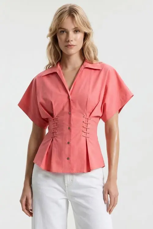 EXQUISE Fitted Shirt With Classic Collar And Front Corset Detail - Pink