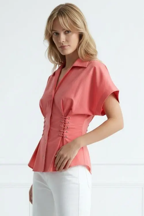 EXQUISE Fitted Shirt With Classic Collar And Front Corset Detail - Pink