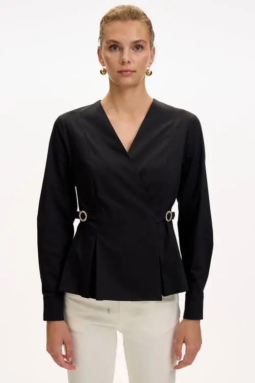 EXQUISE Ashlynn Wrap Collar Shirt - Black
