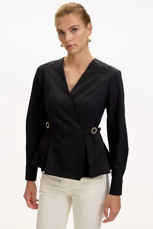 EXQUISE Ashlynn Wrap Collar Shirt - Black