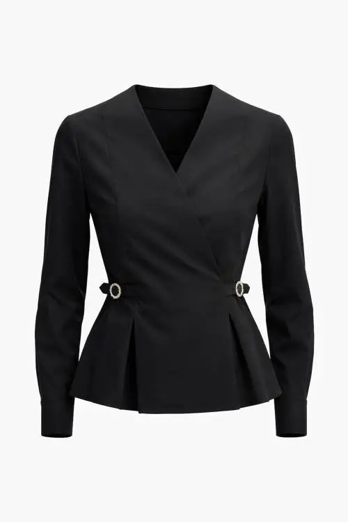 EXQUISE Ashlynn Wrap Collar Shirt - Black