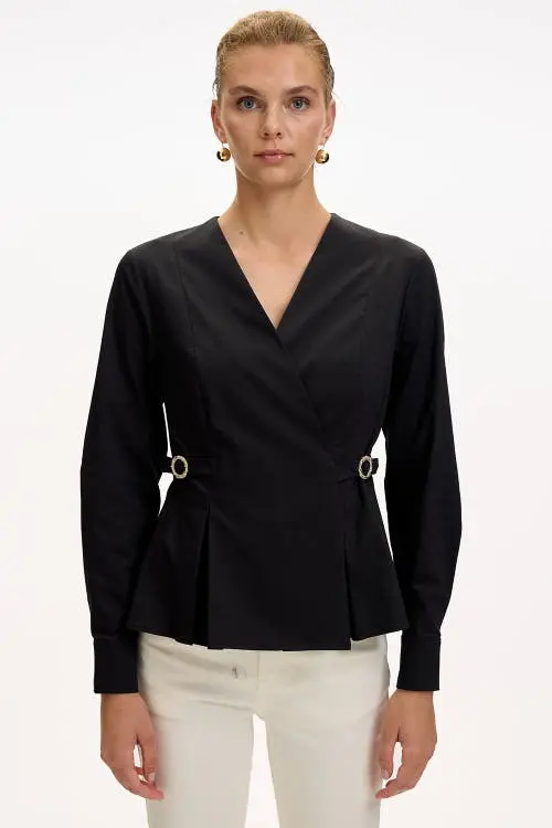 EXQUISE Ashlynn Wrap Collar Shirt - Black