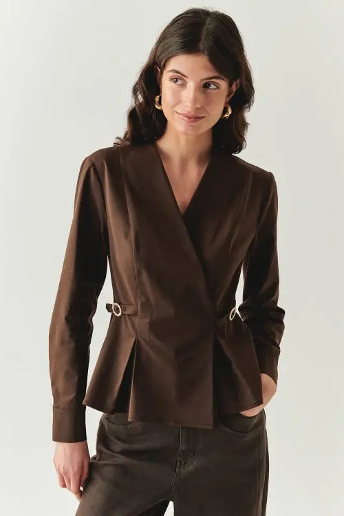 EXQUISE Ashlynn Wrap Collar Shirt - Brown