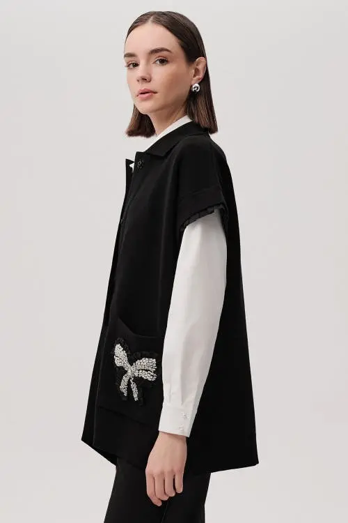 EXQUISE Stone Pocket Detail Collar Knit Vest