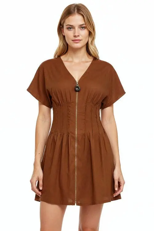 EXQUISE Short Sleeve Linen Mini Dress
