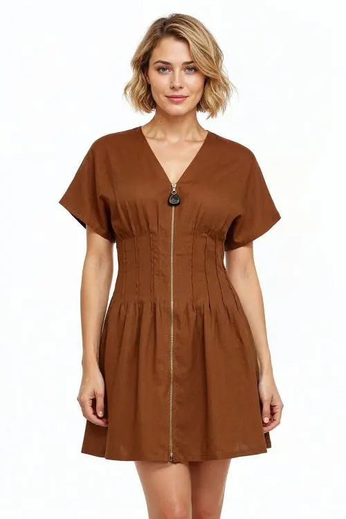 EXQUISE Short Sleeve Linen Mini Dress