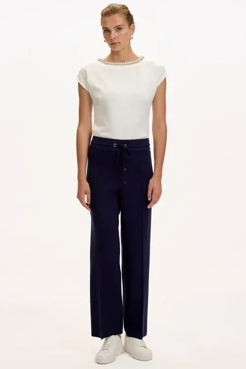 EXQUISE Drawstring Knitted Trousers - Navy Blue