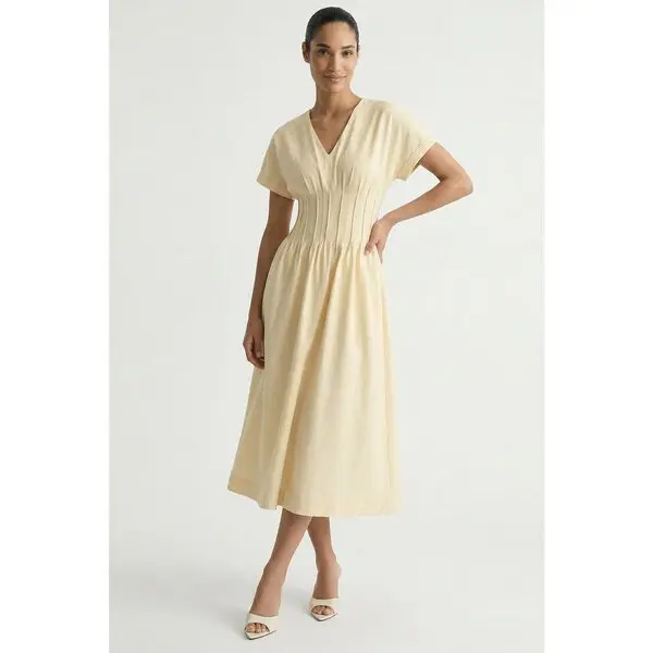EXQUISE Amaud Short Sleeve V Neck Midi Dress - Cream