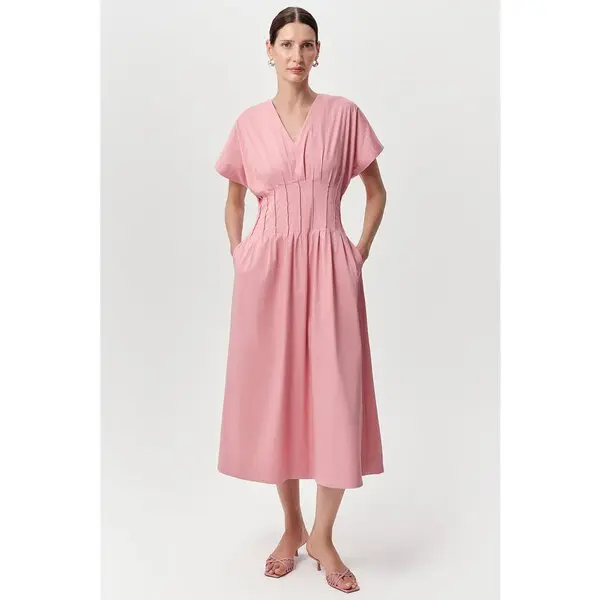 EXQUISE Amaud Short Sleeve V Neck Midi Dress - Pink