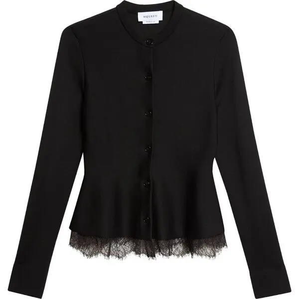 Alexander McQueen Lace Trim Peplum Cardigan - Black