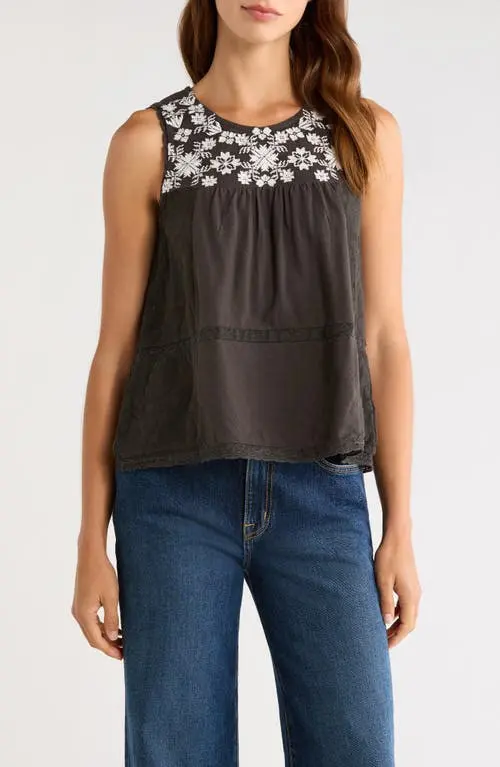 Lucky Brand Embroidered Square Neck Cotton Tank - Raven