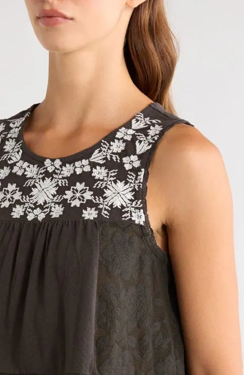 Lucky Brand Embroidered Square Neck Cotton Tank - Raven