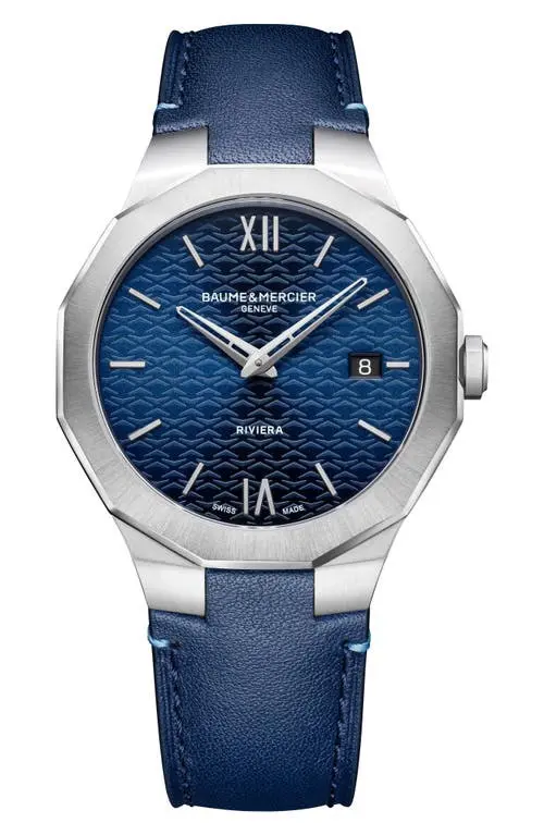 Baume & Mercier Riviera 73 Leather Strap Watch - Blue